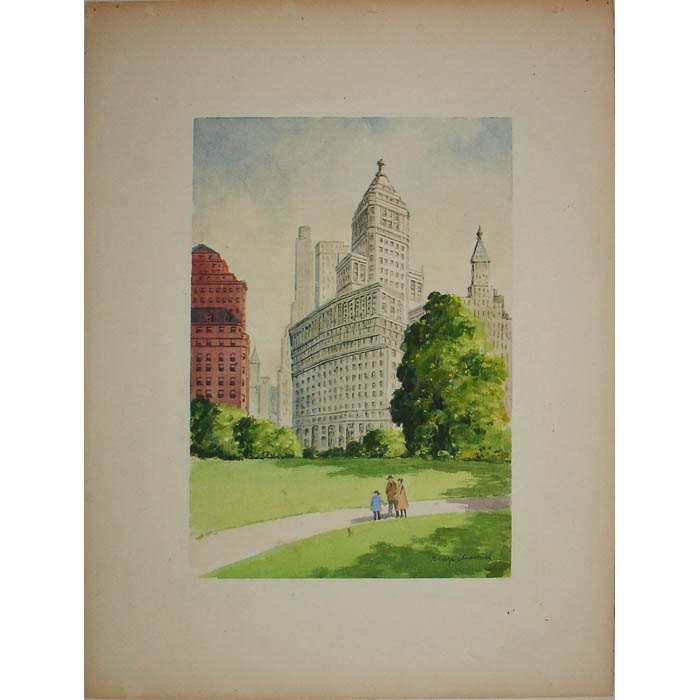 View, New York City, City Hall Park, George Stimmel, Watercolor, Mid ...