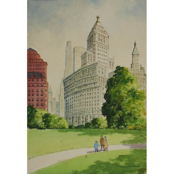 View, New York City, City Hall Park, George Stimmel, Watercolor, Mid ...