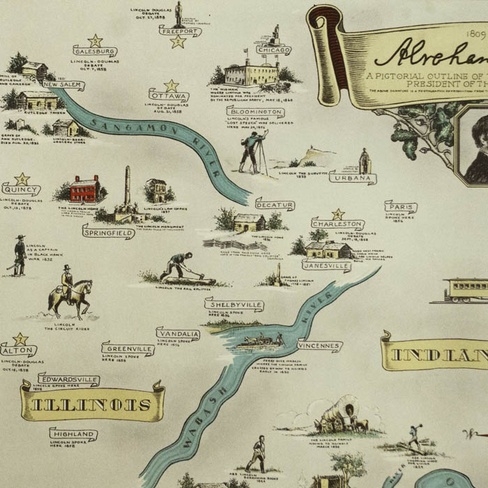 Map, Illinois, Midwest, Pictorial, Abraham Lincoln, Vintage Print, 1934 ...