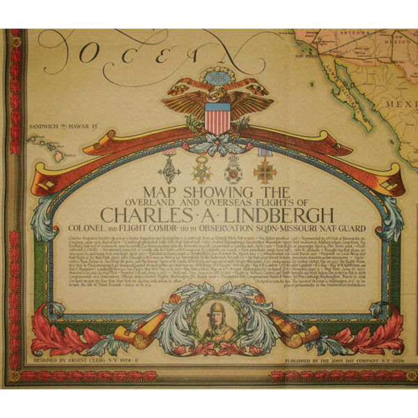 Map, Pictorial, Aviation, Ernest Clegg, Lindbergh Transatlantic Flight ...