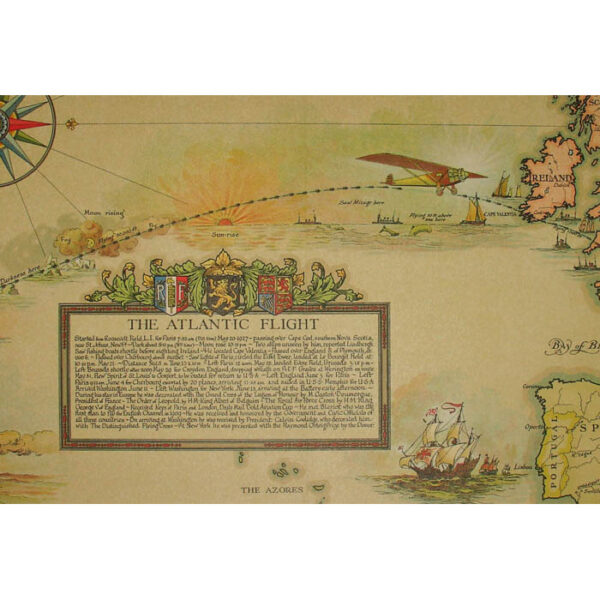 Map, Pictorial, Aviation, Ernest Clegg, Lindbergh Transatlantic Flight ...